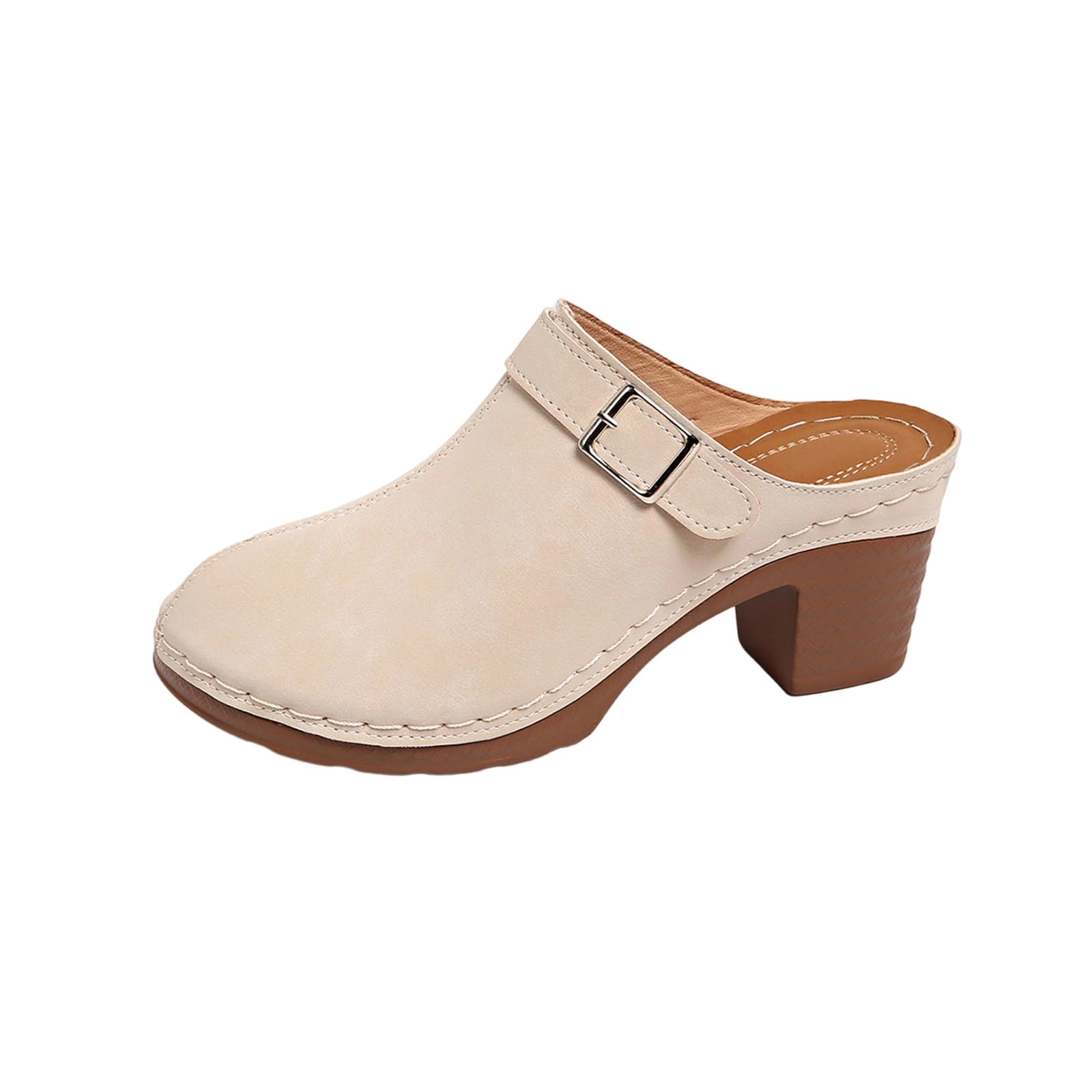 Beige Ladies Slide Slippers With Block Heel Closed Toe Design For ...