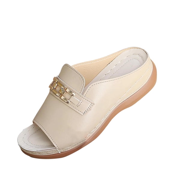 Beige Ladies Wedge Heel Peep Toe Shoes With Metal Embellishments Plus ...