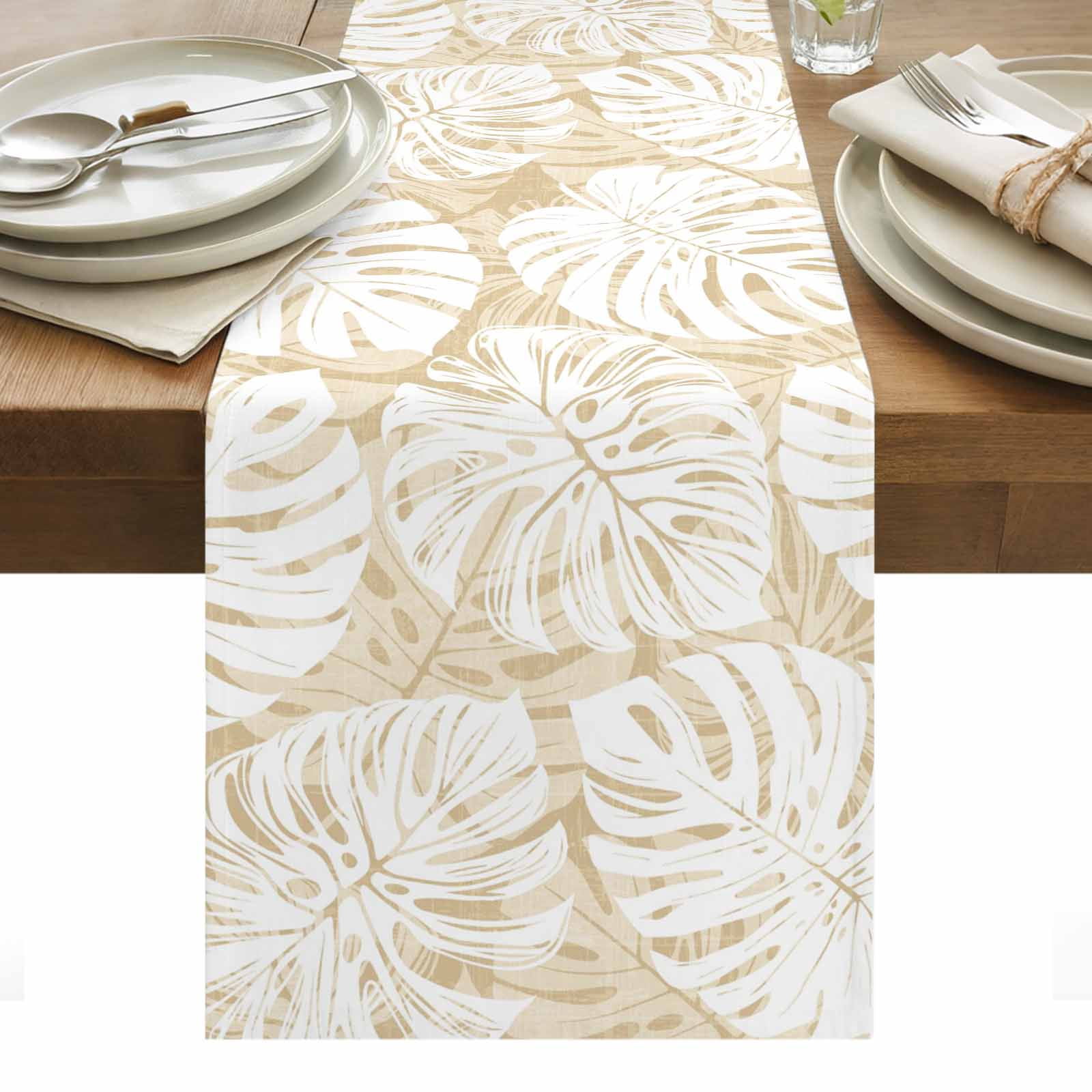 Beige Leaf Cotton Linen Table Runner Tropical Country Watercolor Jungle ...