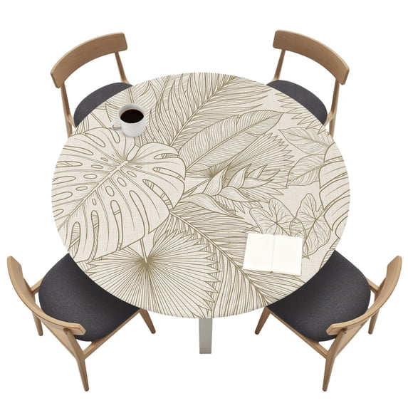 Beige Leaf Round Fitted Table Cover Retro Country Monstera Palm Leaf ...