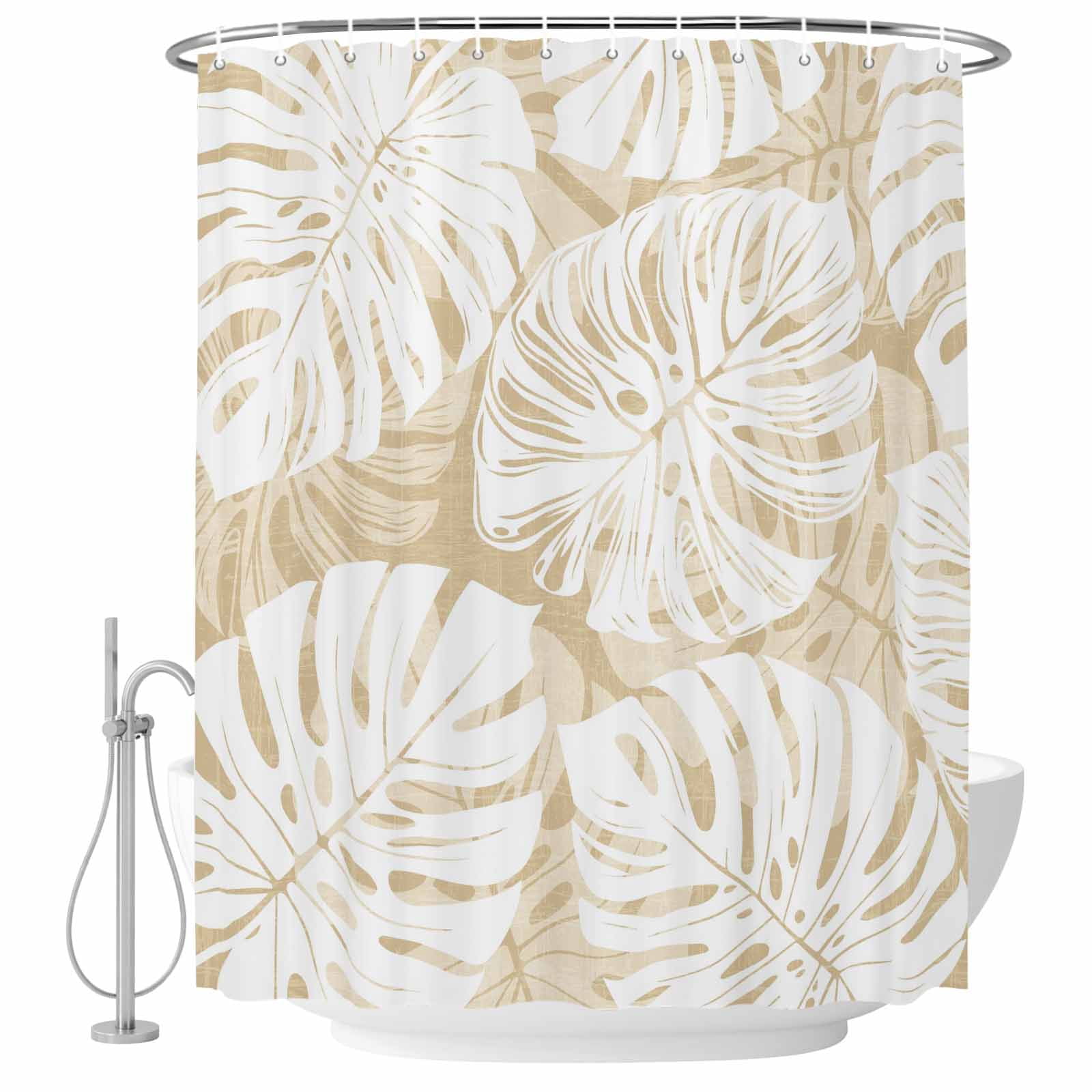 Beige Leaf Shower Curtain Set with Hooks, Tropical Country Watercolor ...