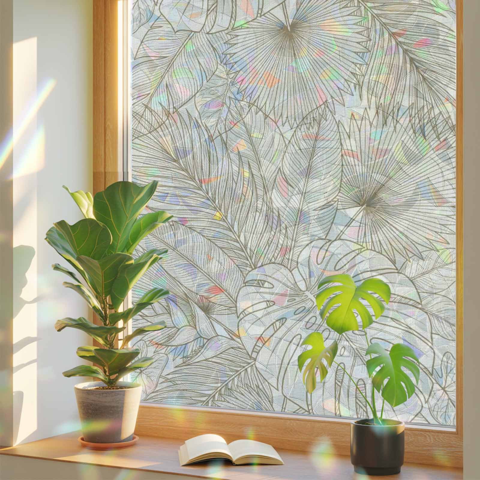 Beige Leaf Window Privacy Film, Retro Country Monstera Palm Leaf Beige ...