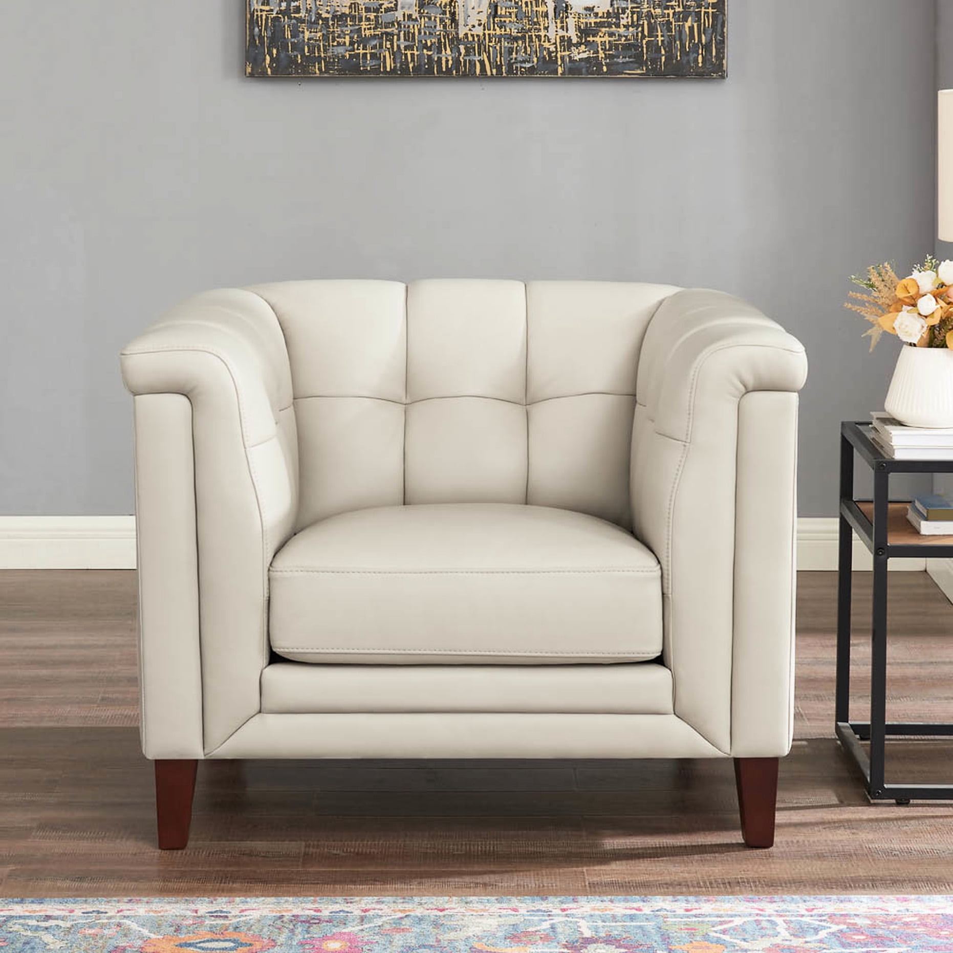 Beige Leather Accent Chair - Leather, Removable Cushions, Solid Wood ...