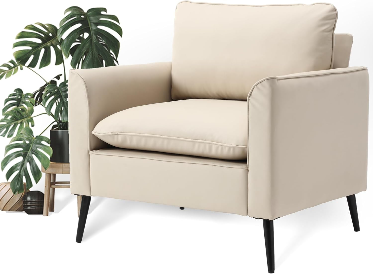 Beige Leather Accent Chair, Mid-Century Modern Accent Arm Chair with ...