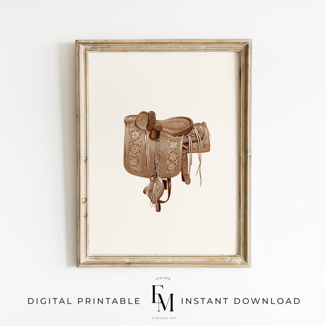 Beige Leather Saddle Print Neutral Western Decor Antique Horse Wall Art ...