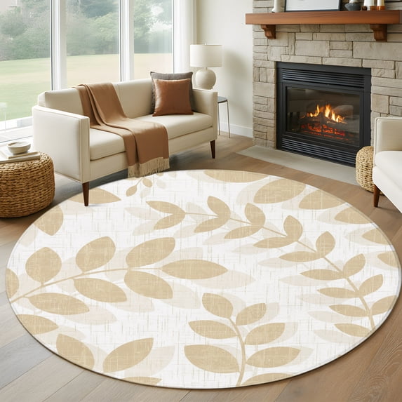 Beige Leaves 5FT Round Area Rugs for Living Room Summer Farmhouse ...