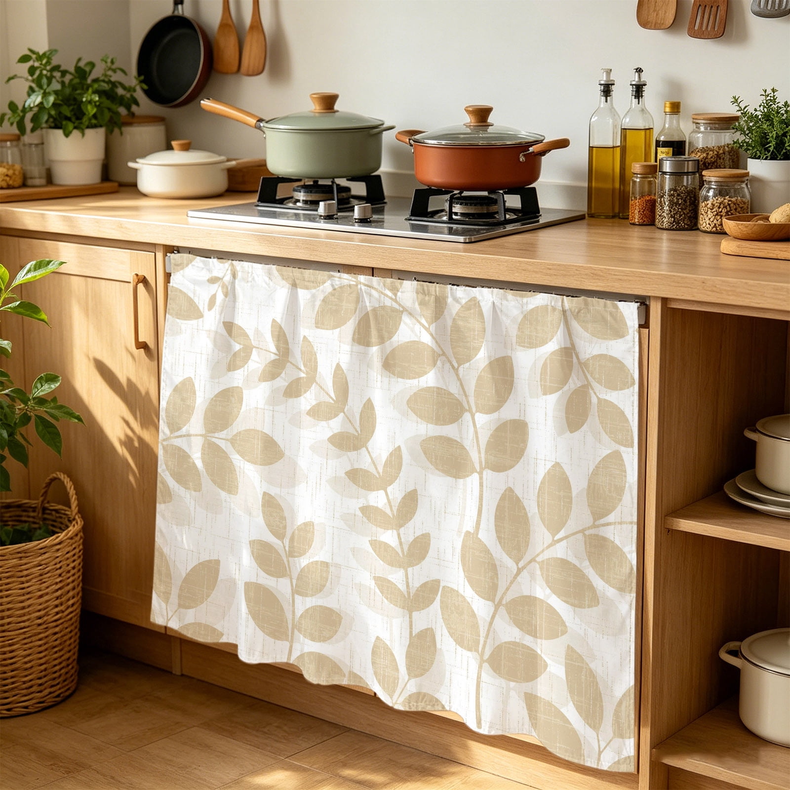 Beige Leaves Cabinet Curtains for Kitchen 35"W x 35"L, Summer Farmhouse ...