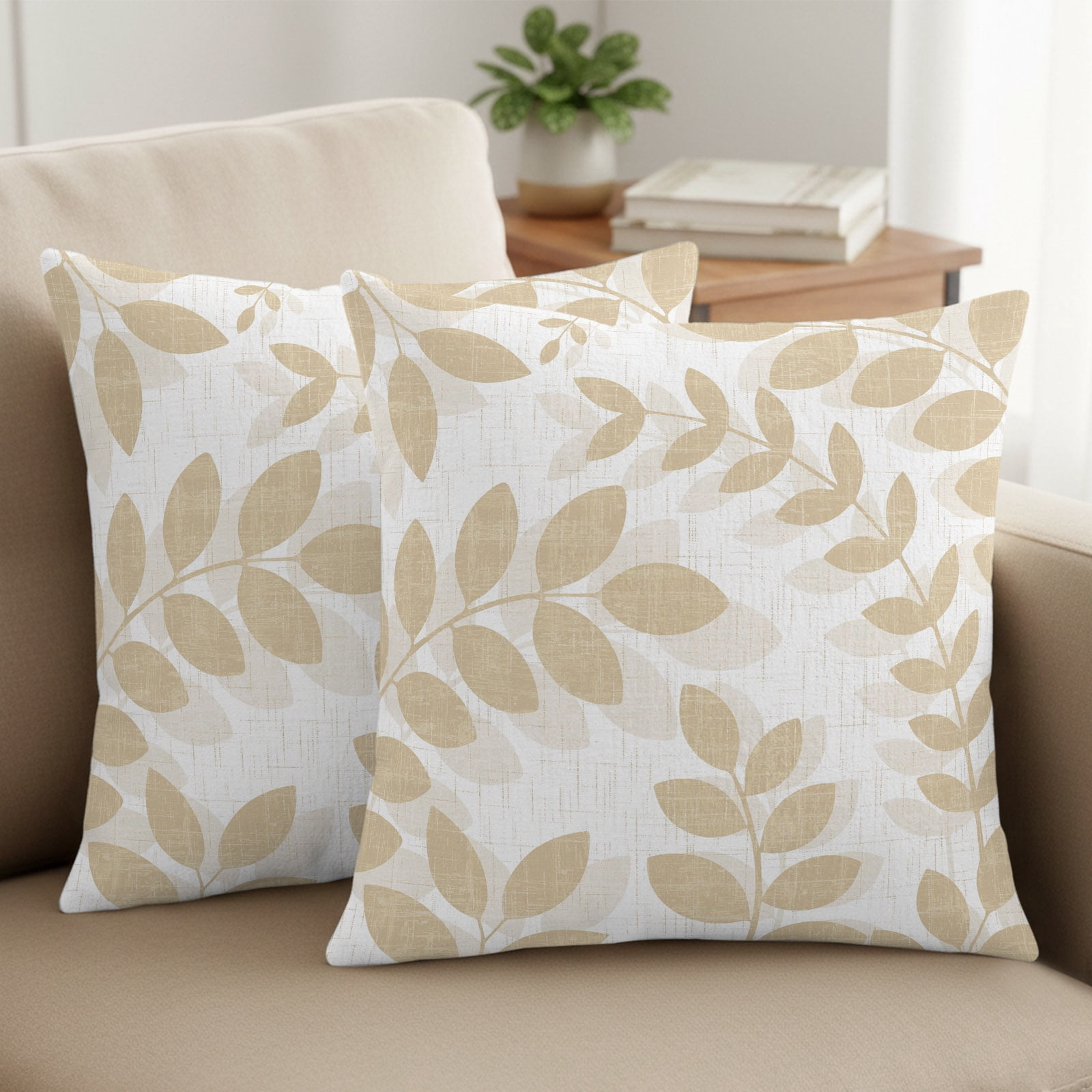 Beige Leaves Pillow Covers Set of 2, Summer Farmhouse Botanical Branch ...