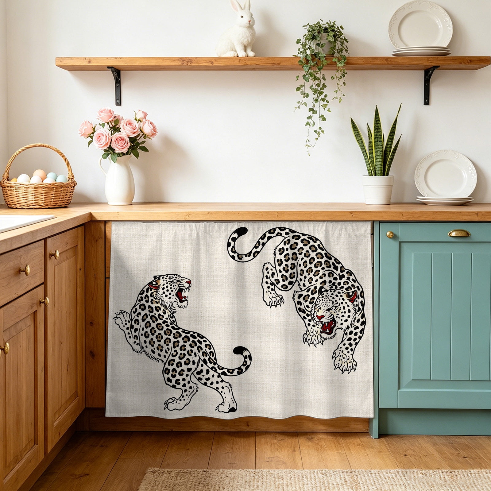 Beige Leopard Cabinet Curtains 28" W x 35" L Modern Style Wild Animal ...
