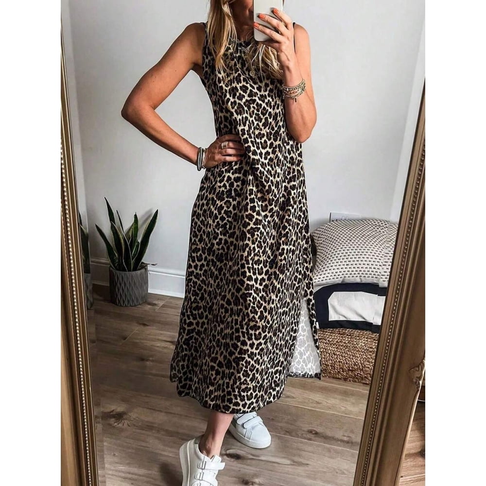 Beige Leopard Print Sleeveless Maxi Dress Casual Oversized Summer Flowy ...