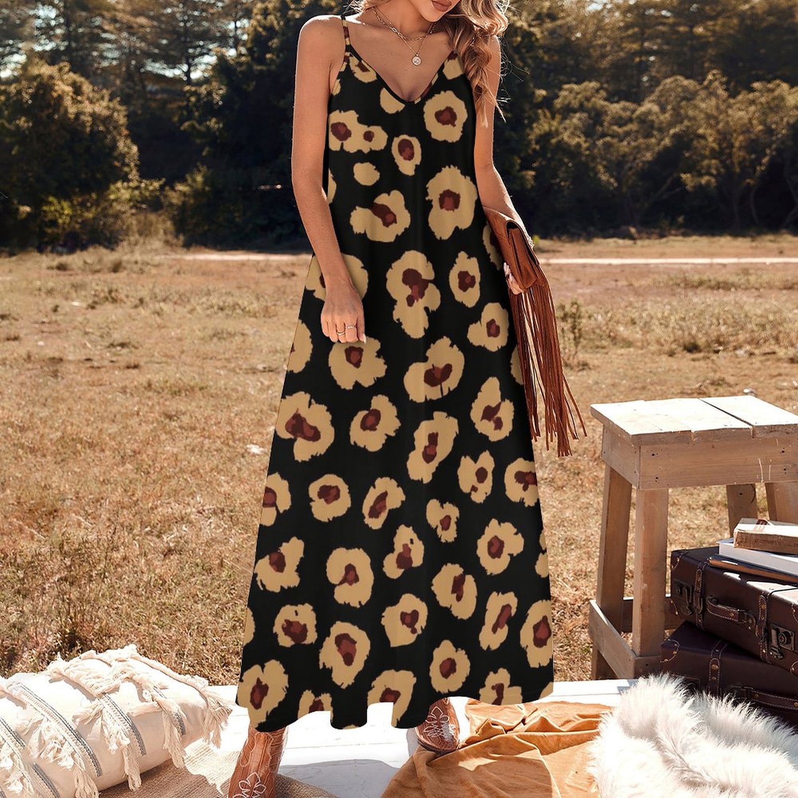Beige Leopard Spots Black Background Sleeveless Dress Loose Women's ...