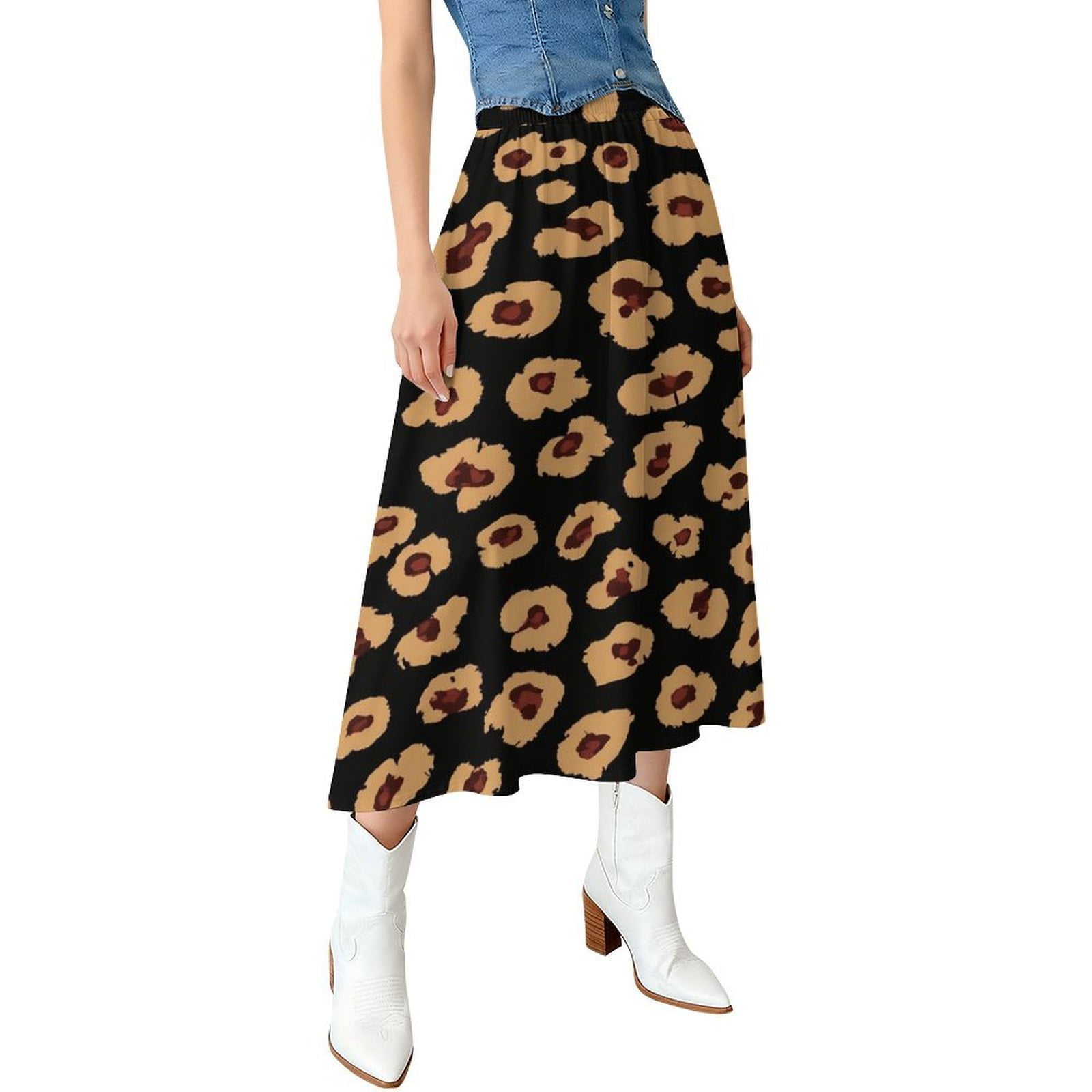 Beige Leopard Spots Black Background Women High Waist Midi Skirt ...