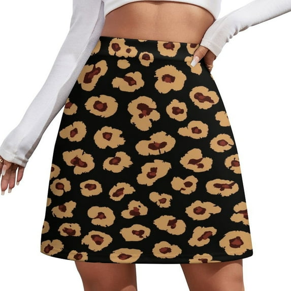 Beige Leopard Spots Black Background Women's High Waist Skirt Stretchy ...