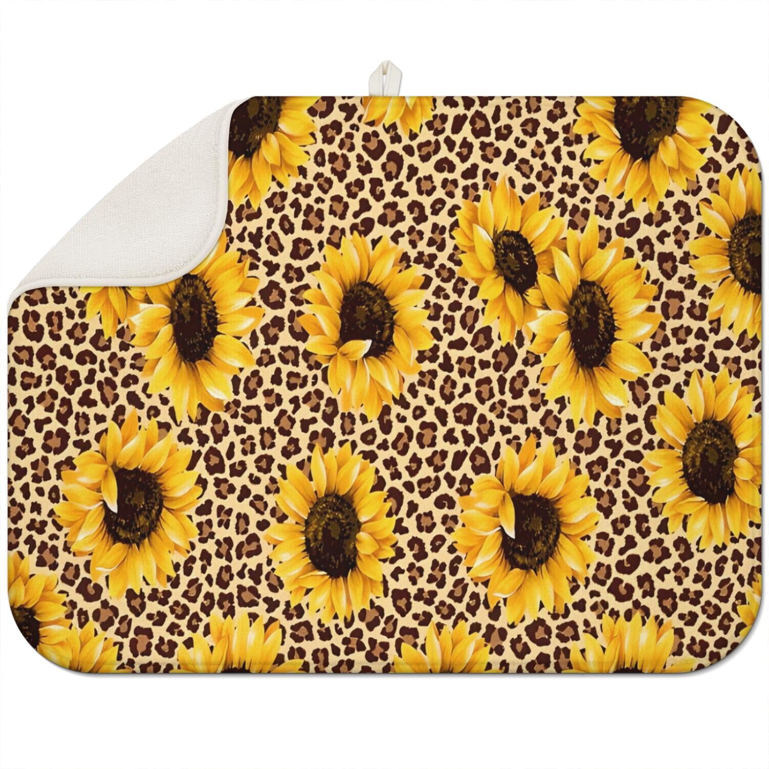 Beige Leopard Sunflower Pattern Dish Drying Mat for Kitchen 1 Pack ...