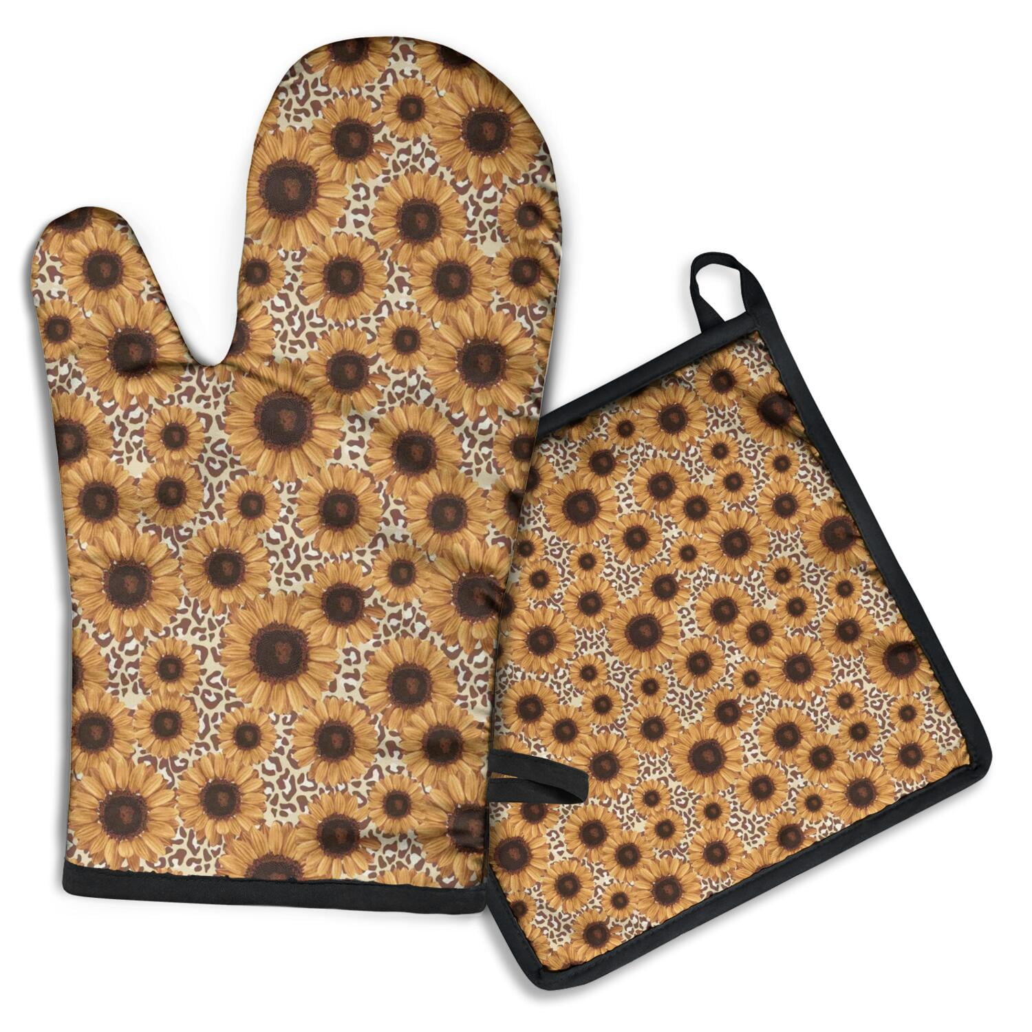 Beige Leopard Sunflower Pattern Kitchen Oven Mitt and Pot Holder Sets 2 ...
