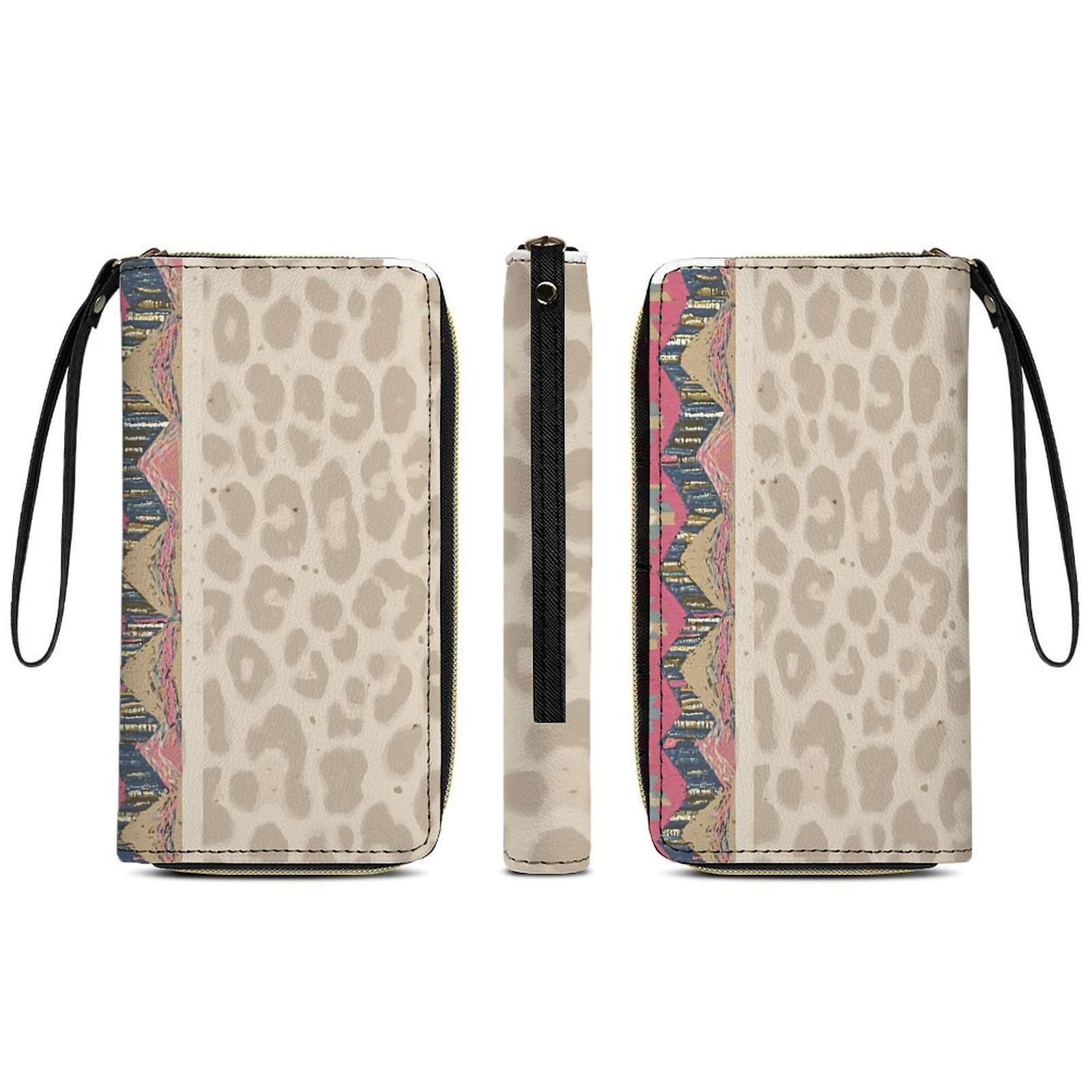 Beige Leopard Tribal Border Design Long Wallets For Women PU Leather ...