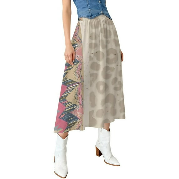 Beige Leopard Tribal Border Design Women High Waist Midi Skirt Elegant ...