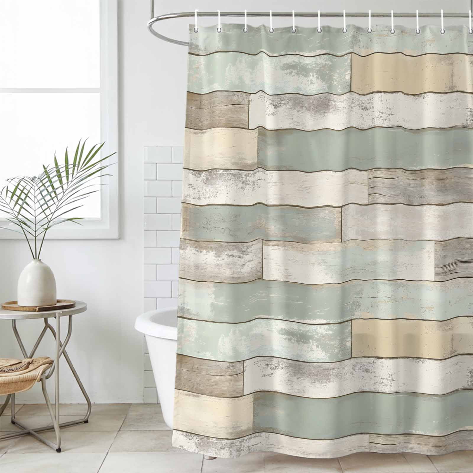 Beige Light Green Waterproof Fabric Shower Curtain, Farmhouse Wooden ...