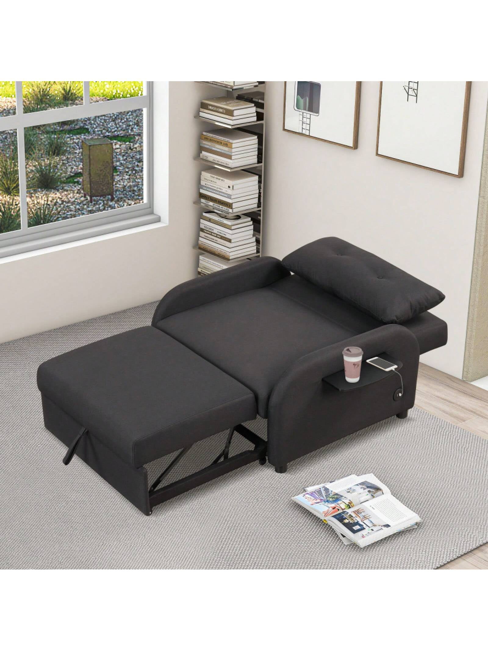 Beige Linen 2-Seater 3-In-1 Pull Out Sofa Sleeper With USB Charge, Wing ...