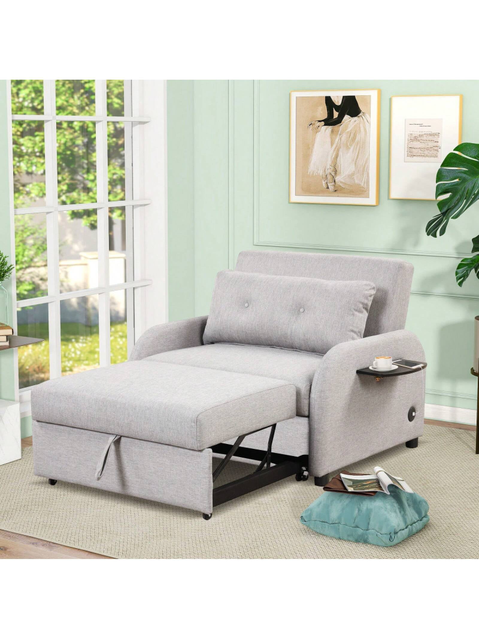 Beige Linen 2-Seater 3-In-1 Pull Out Sofa Sleeper With USB Charge, Wing Tables, Ideal For Adults ...