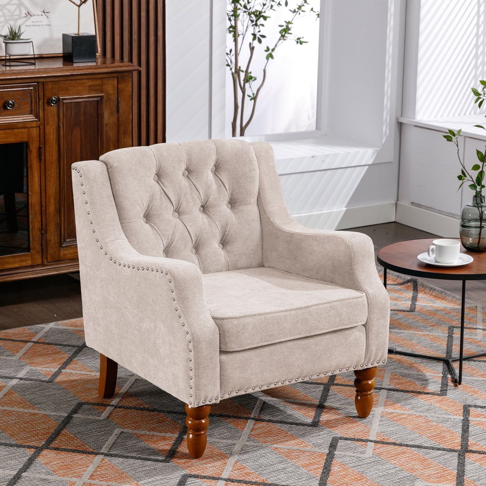 Beige Linen Accent Chair with Matching Footrest - Vintage Brass Studs ...