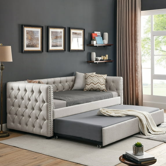 Beige Linen Daybed with Trundle, Twin Size | Button Tufted Armrest for ...