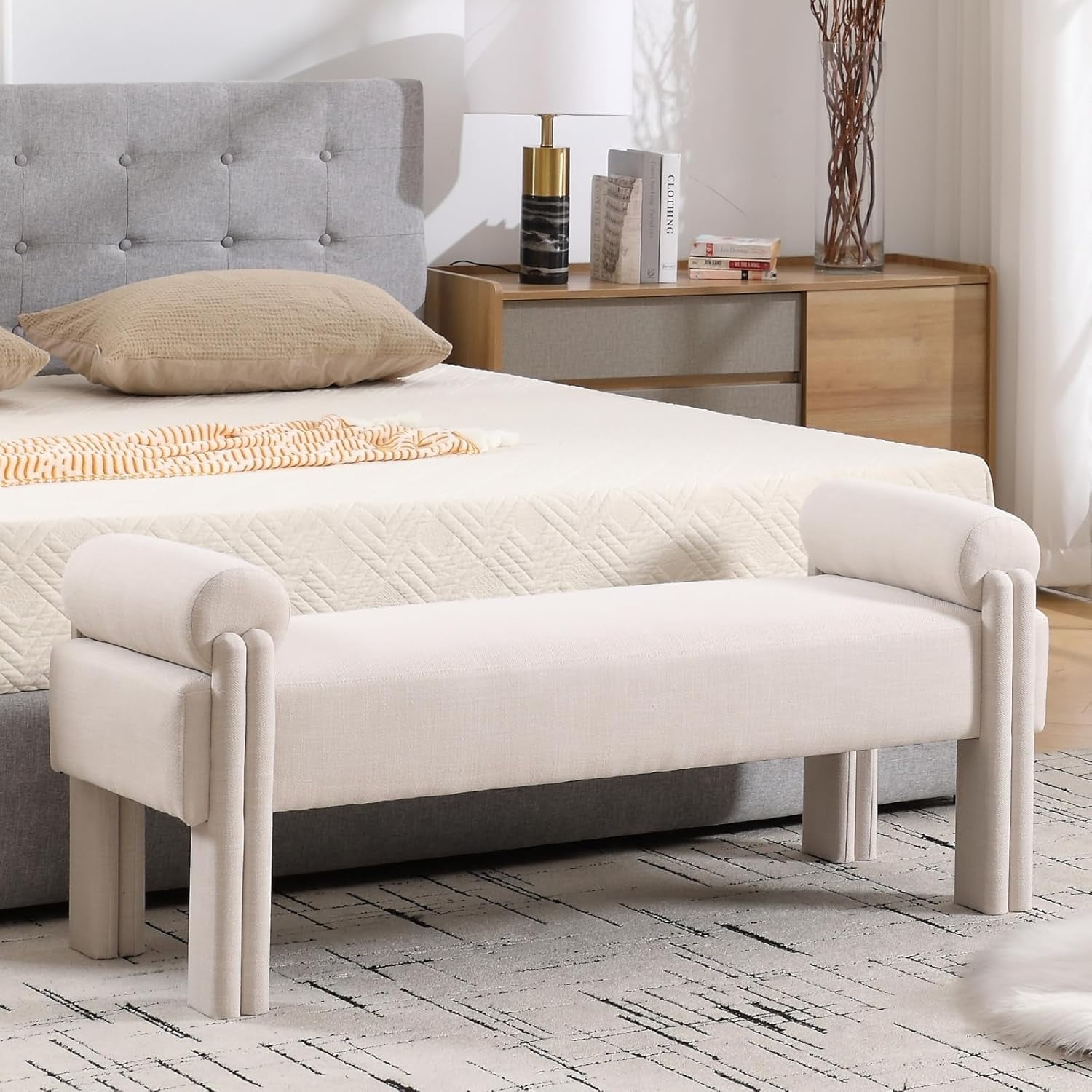 Beige Linen End of Bed Bench 53 Inch Long Ottoman Bench Fabric Padded ...