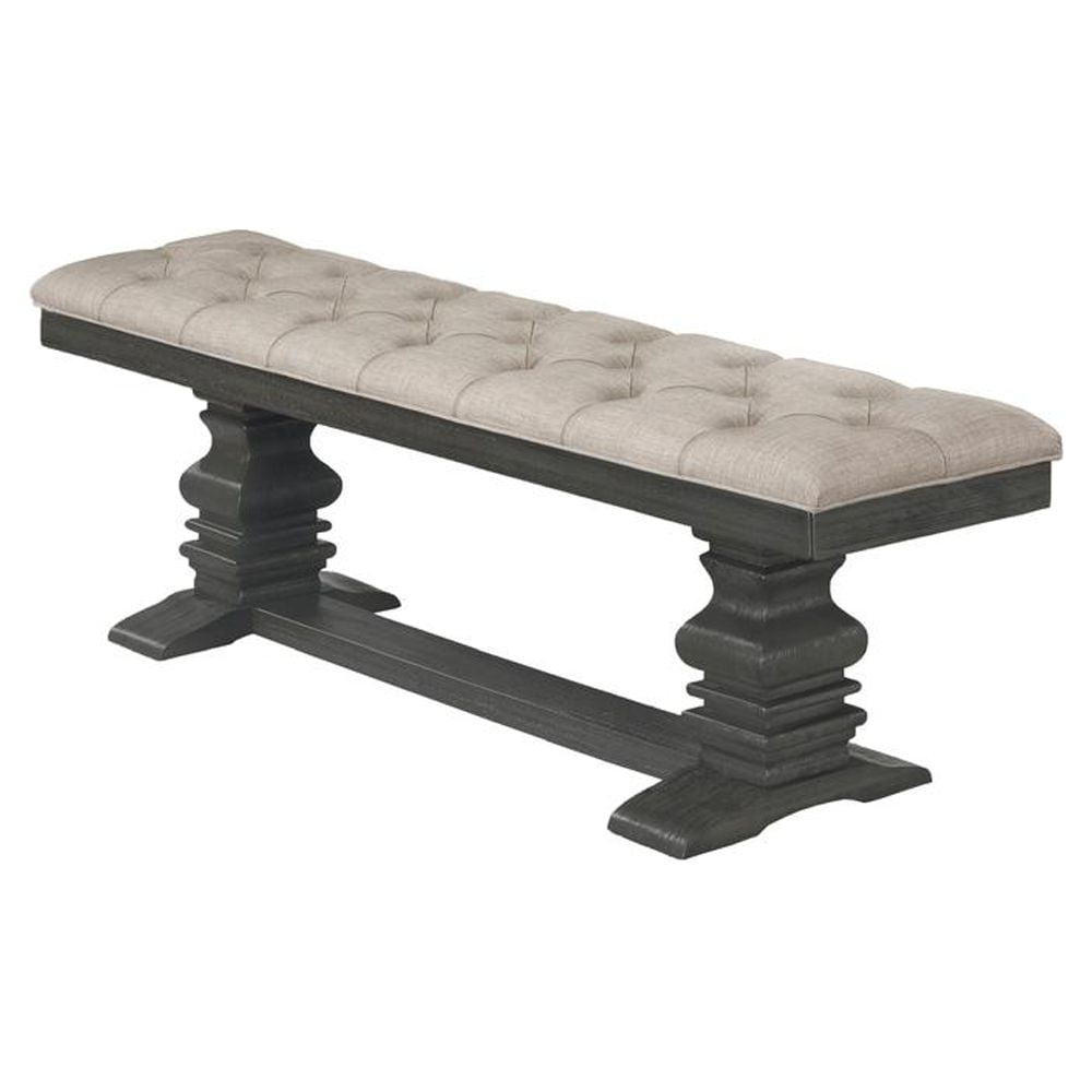 Beige Linen Fabric Dining Bench in Dark Gray Wood and Tufted Seats ...