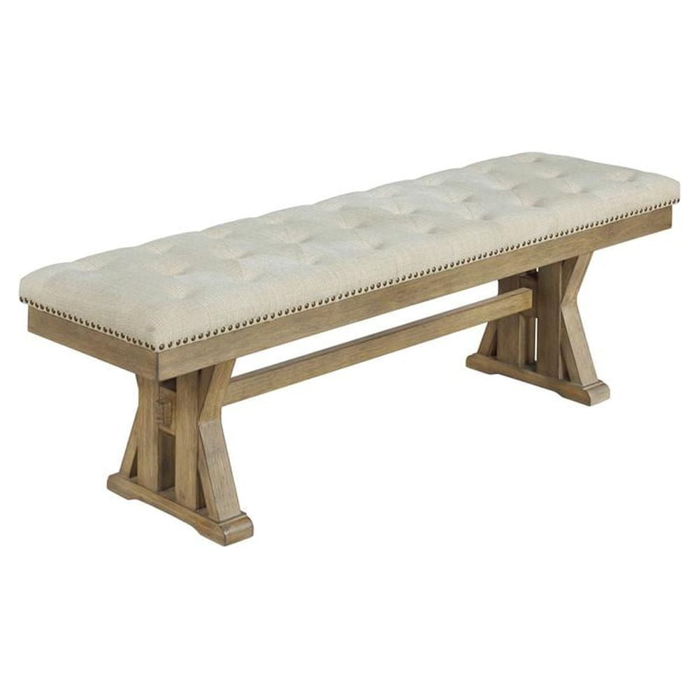 Beige Linen Fabric Dining Bench with Tufted Seat and Rustic Oak Wood ...