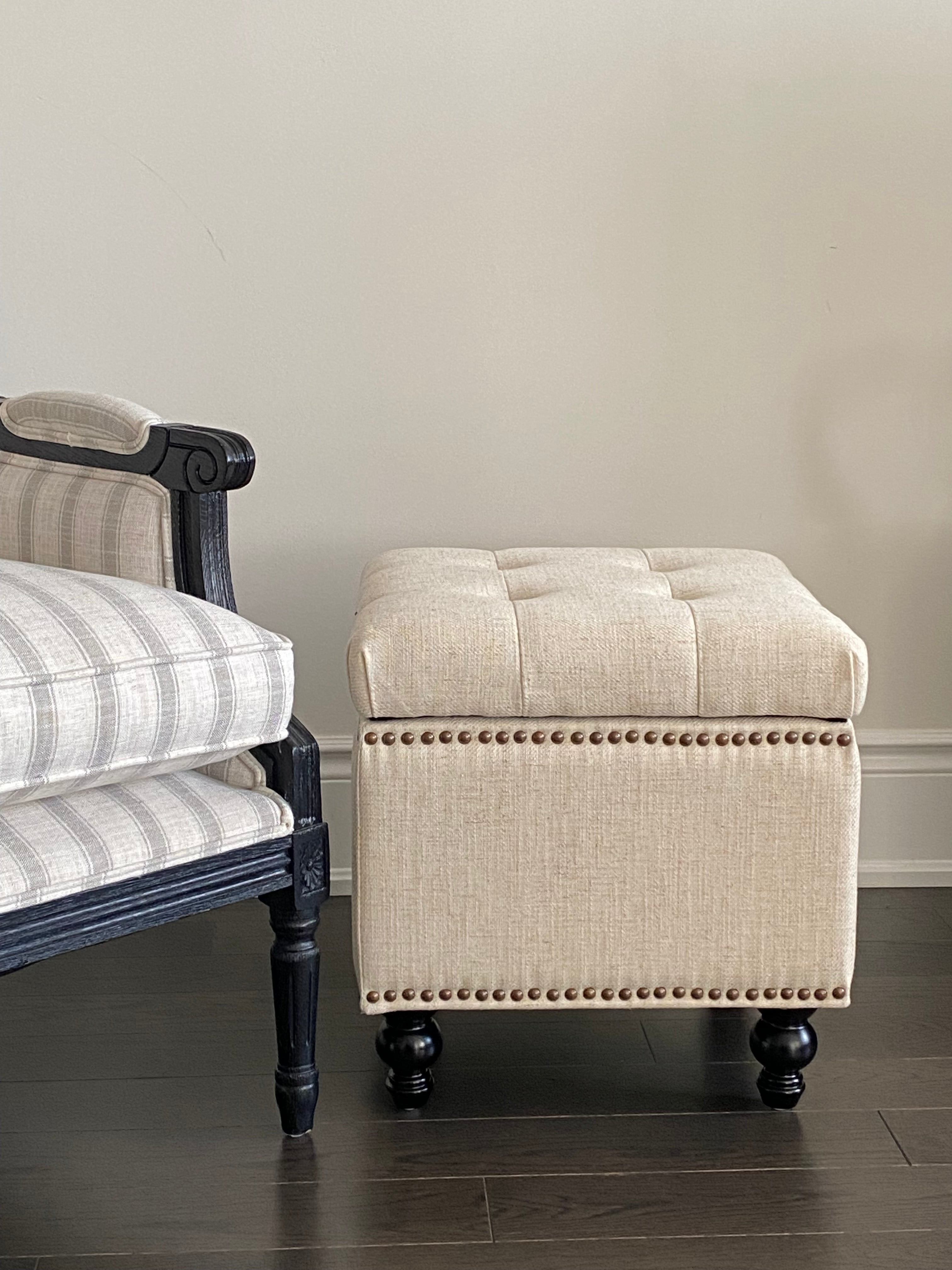 Beige Linen Fabric Upholstered Beckmann Storage Cube Pouf Ottoman ...