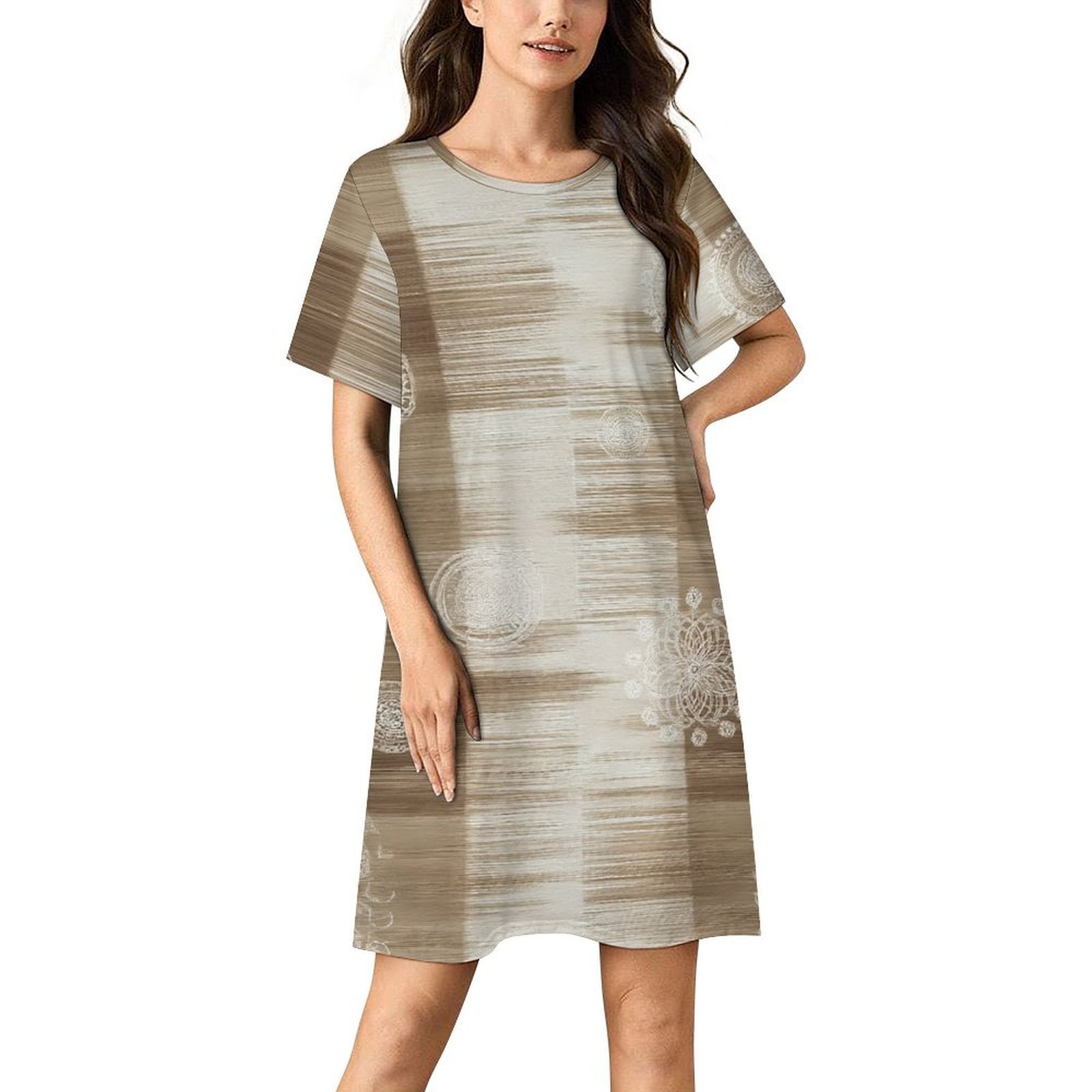 Beige Linen Floral Pattern Design Women Nightgown Sleepwear Short ...