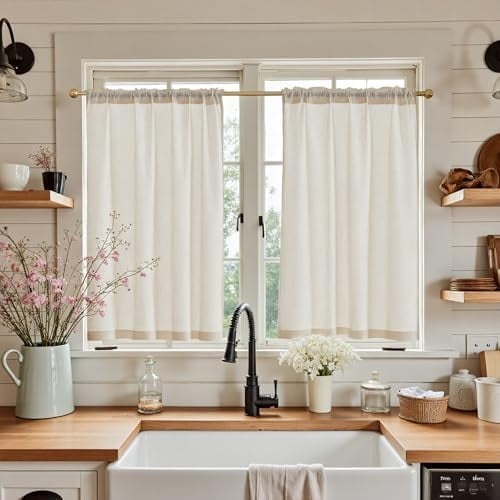 Beige Linen Kitchen Curtains 36 Inch Tier Curtains Farmhouse Cafe Light ...