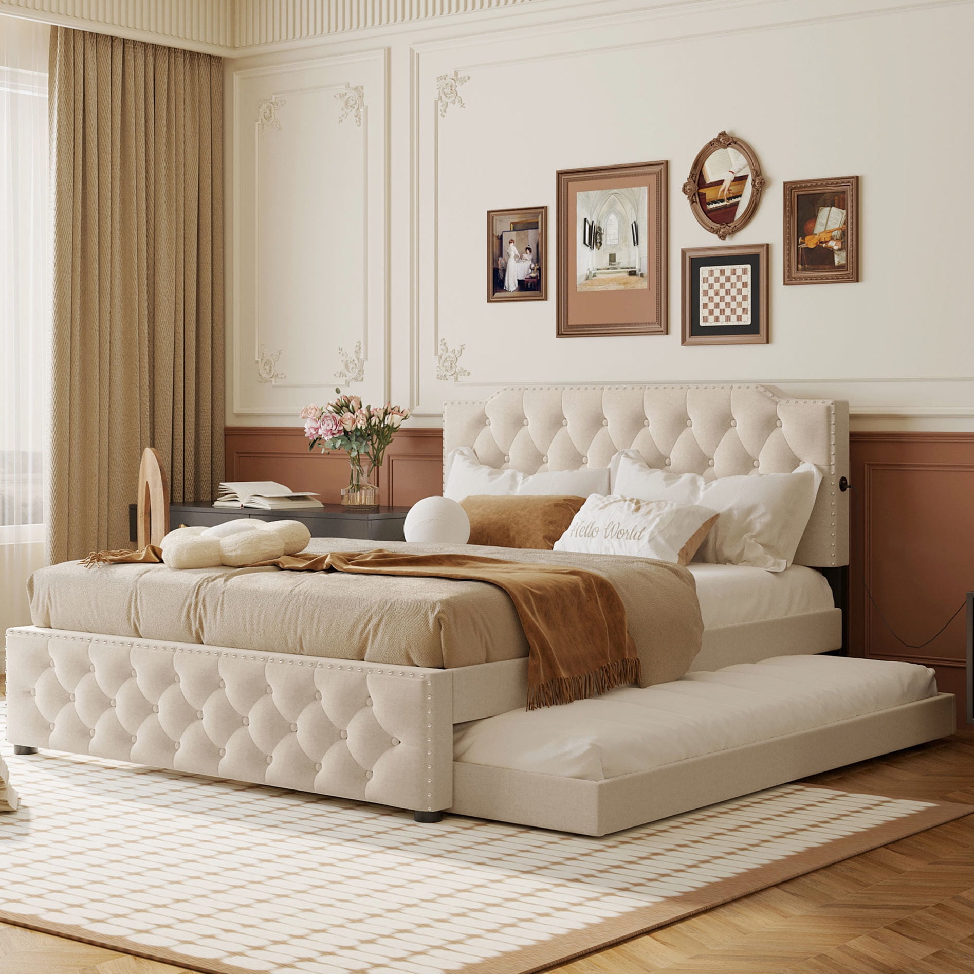 Beige Linen Platform Bed | Stable Frame & Easy Assembly | Small Bedroom ...