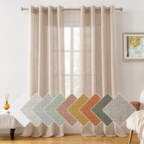 Beige Linen Sheer Curtains, 108 Inches Long 2 Panels Textured Taupe ...