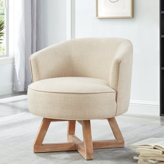 Beige Linen Swivel Chair, Solid Rubberwood Base, 360° Swivel | Sturdy ...
