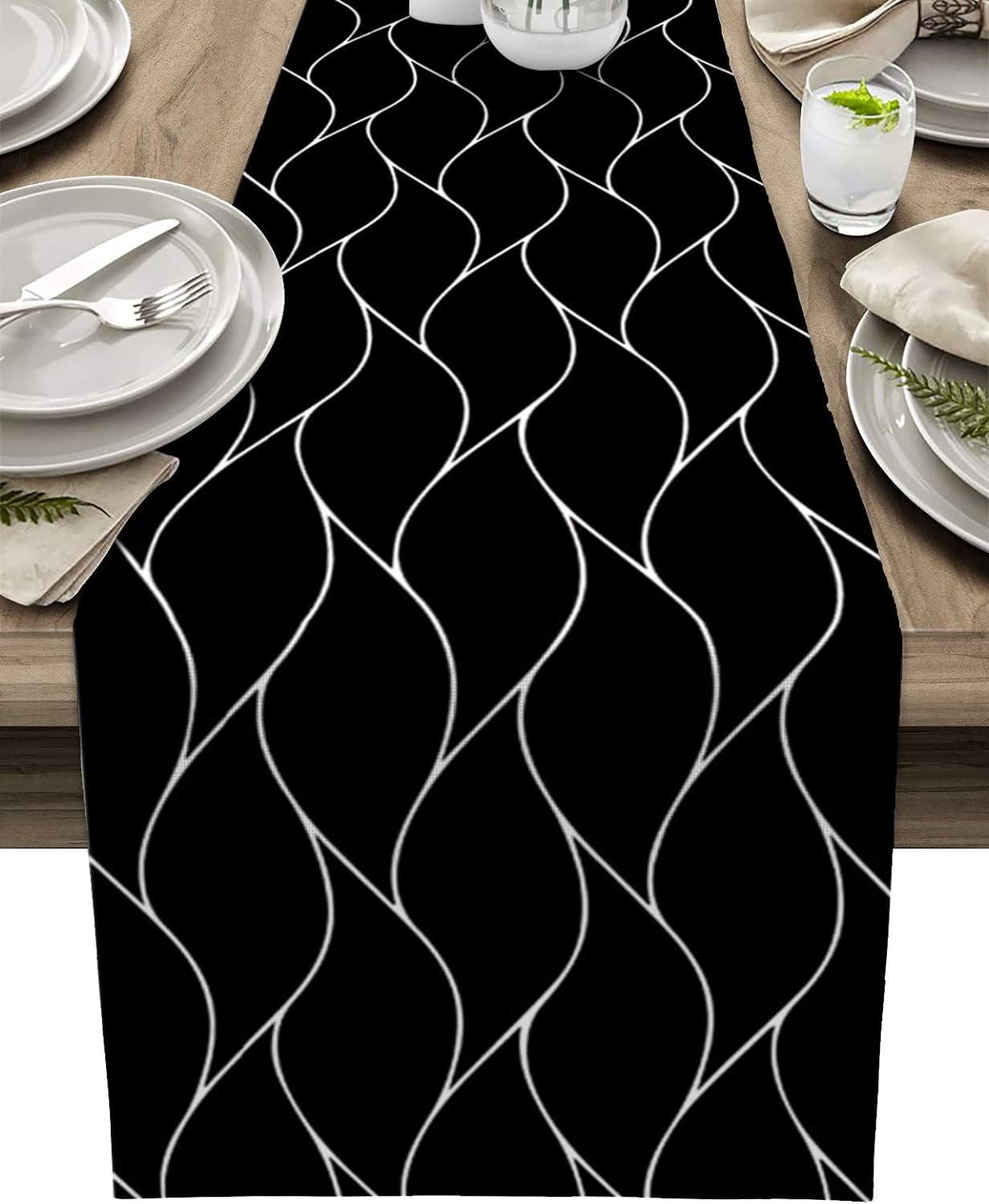 Beige Linen Table Runners Modern Abstract Wave Stripe Dresser Scarf ...