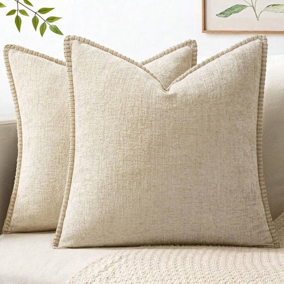 Beige Linen-Texture Throw Pillow Cover With Piping Trim, Unfilled, For ...