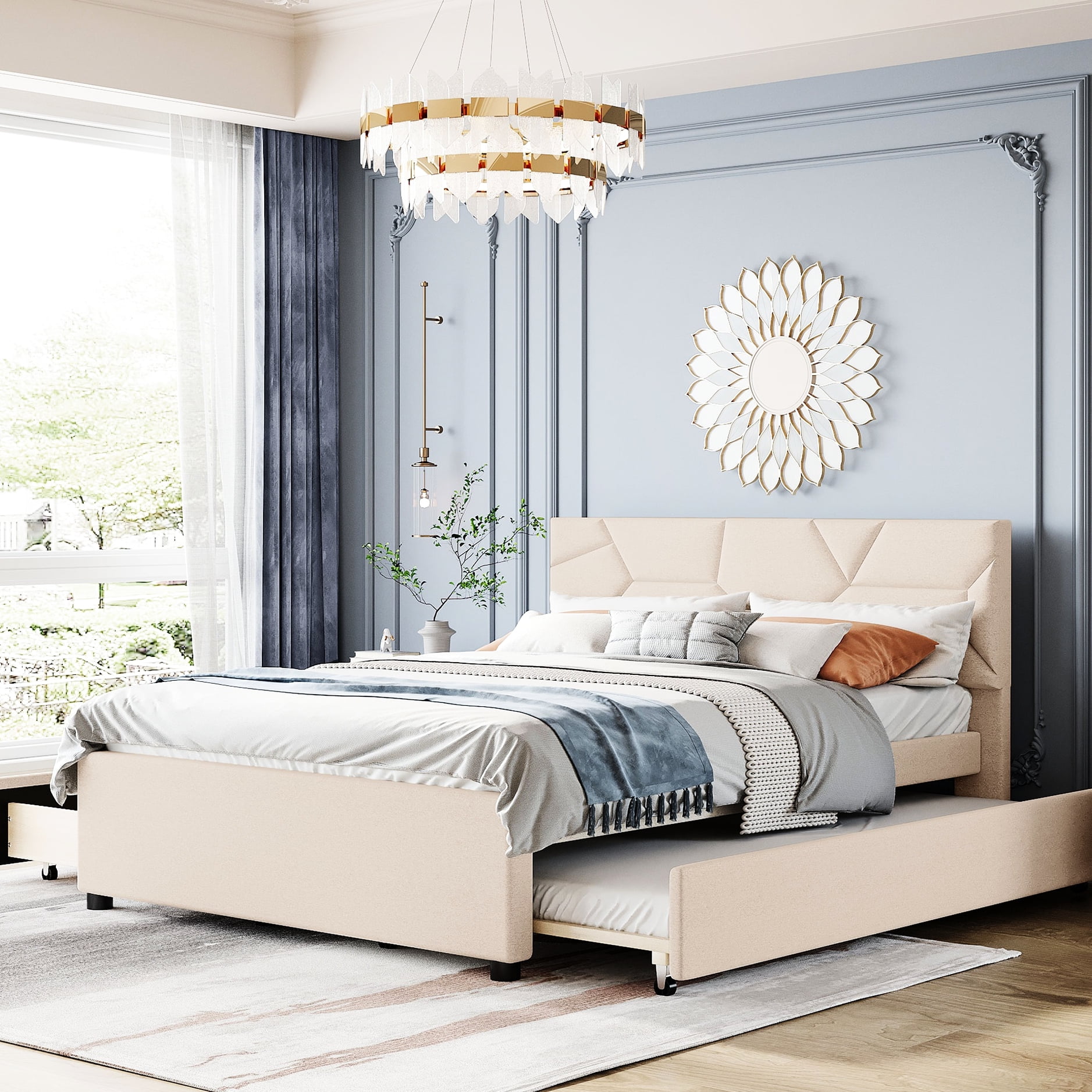 Beige Linen Upholstered Platform Bed With Brick Headboard Detail, Queen ...