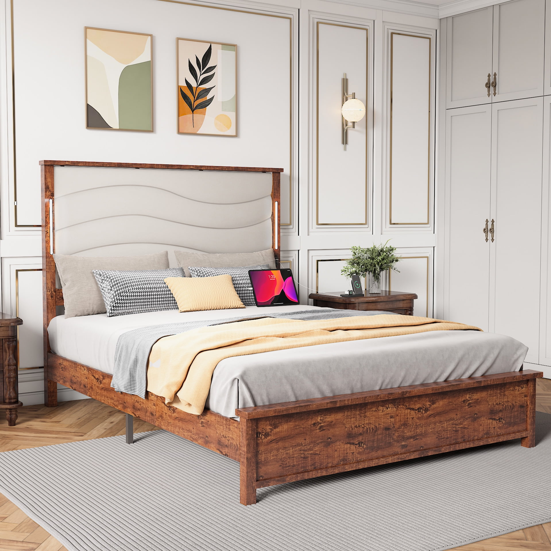 Beige Linen Upholstered Queen Bed Frame With Charging Point, Soft Led ...