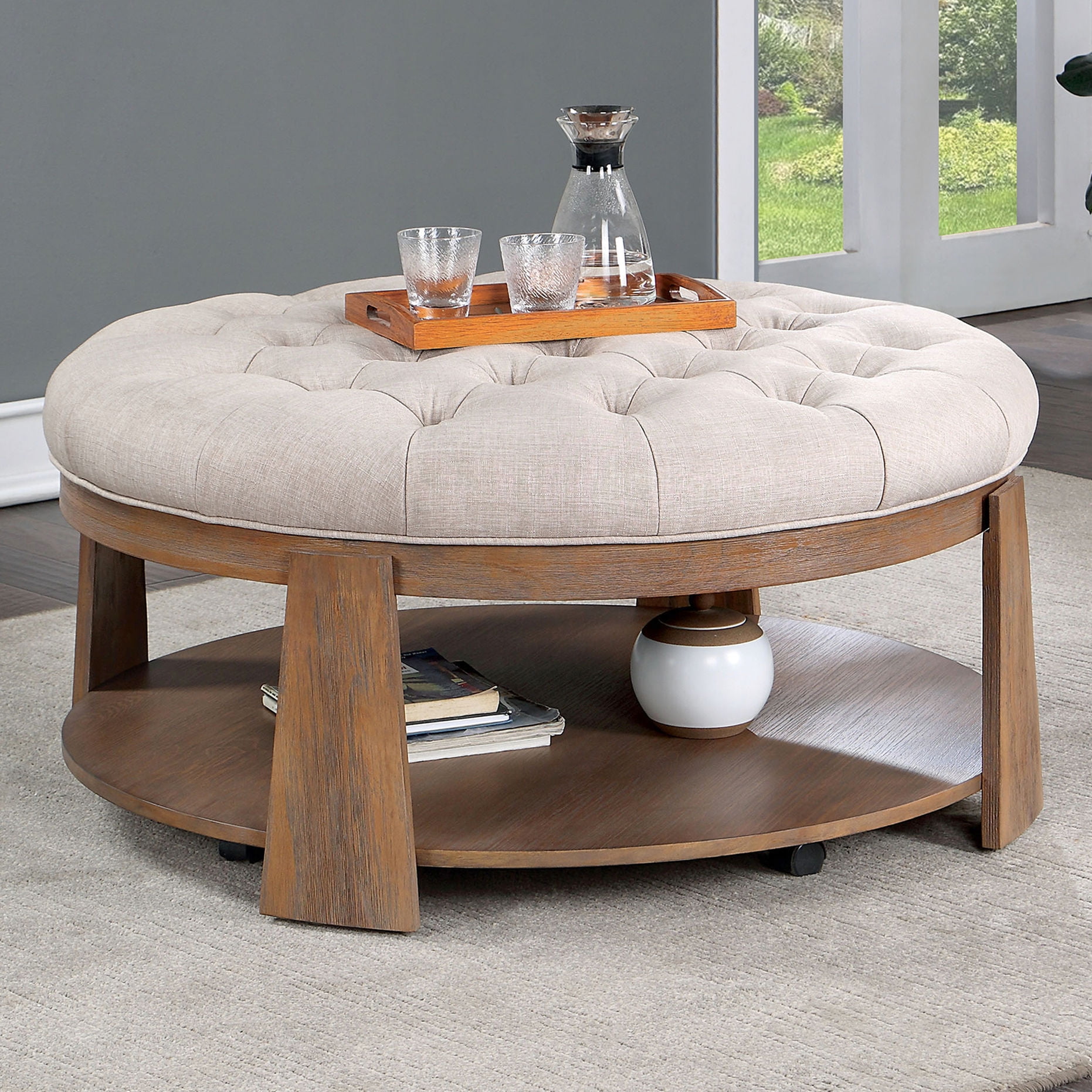 Beige Linen Upholstered, Welt Trimmed, Tufted - Blends in Living Room ...