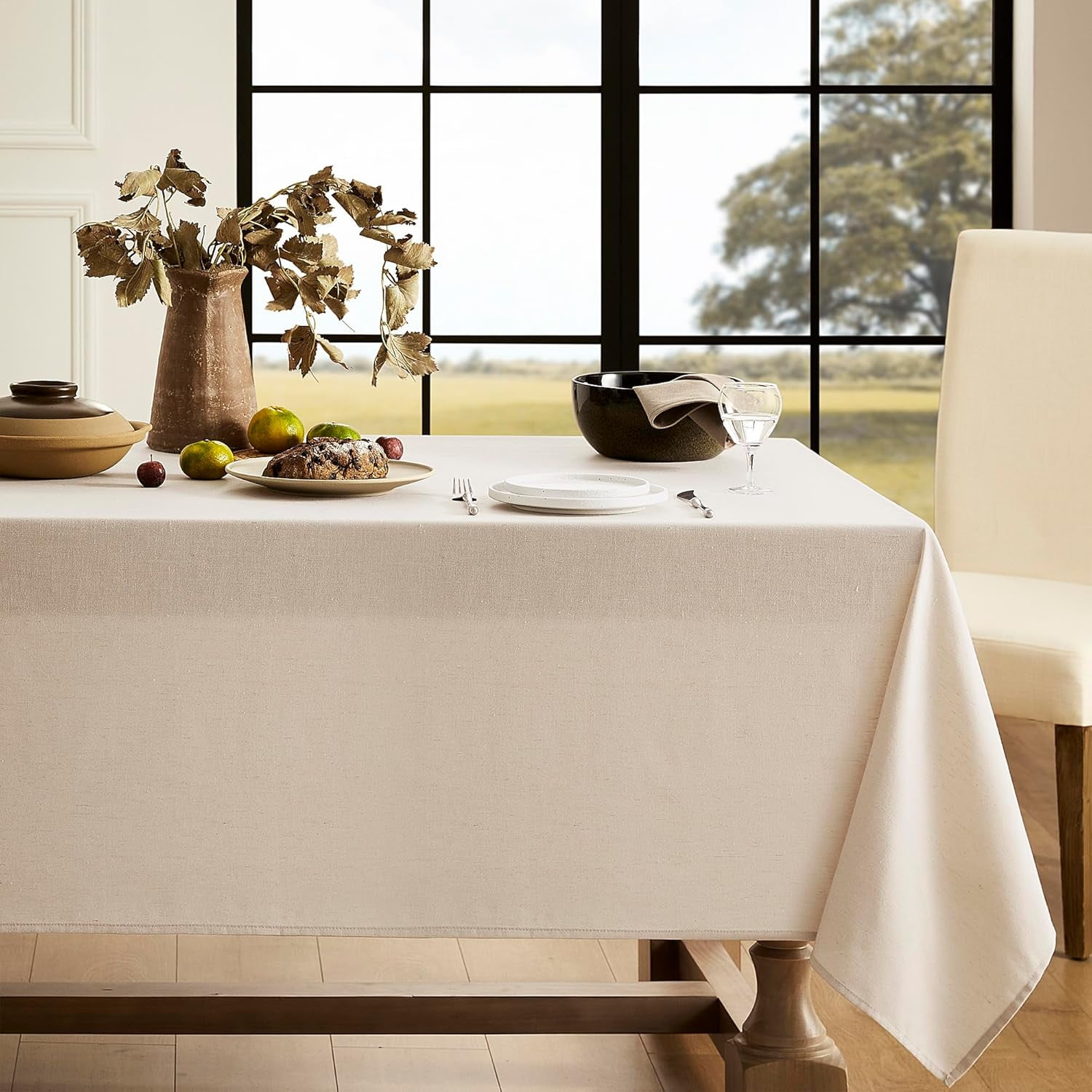 Beige Long Table Cloth for Rectangle Table Linen Textured Dining Table ...