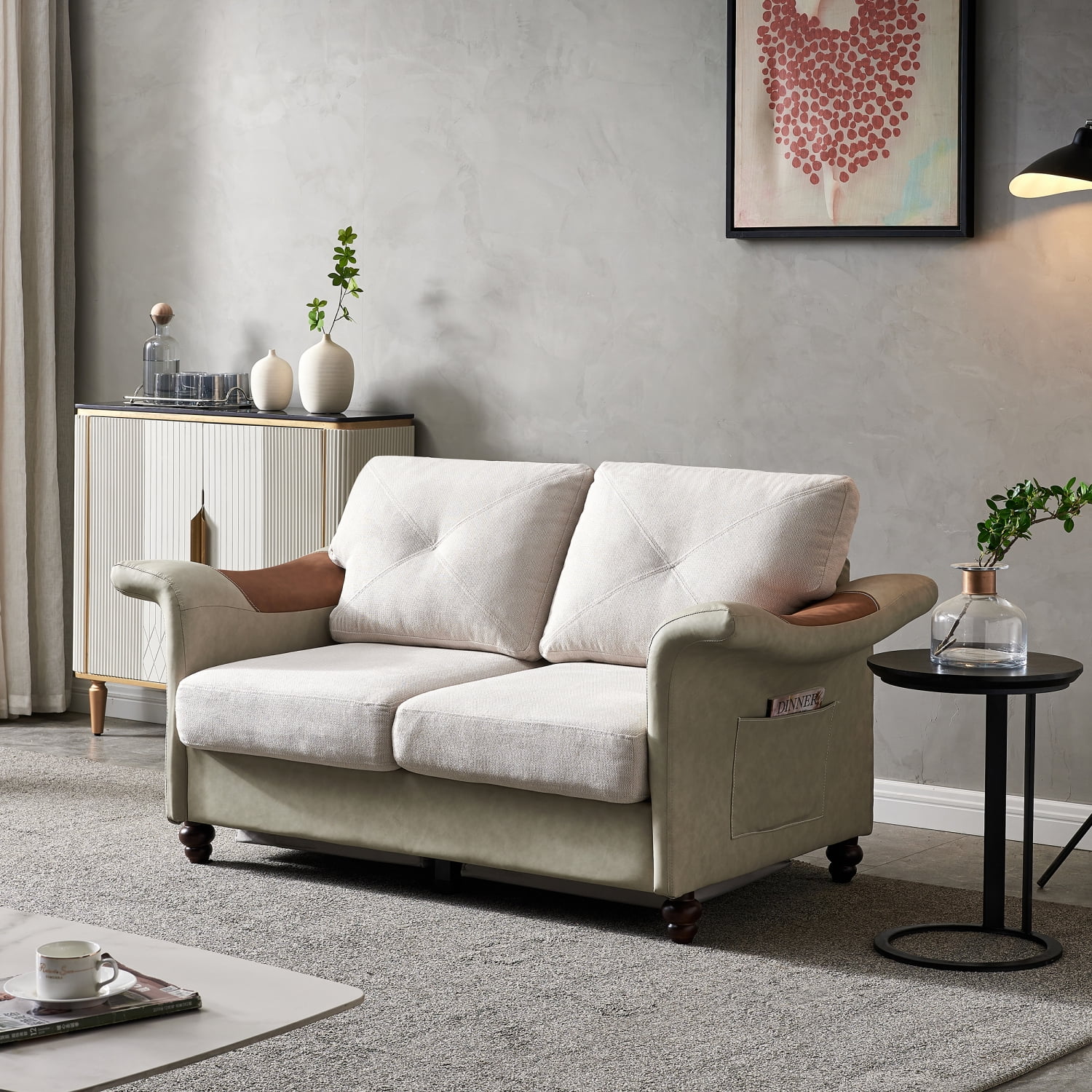 Beige Loveseat Sofa with Linen Fabric and Faux Leather Upholstery ...