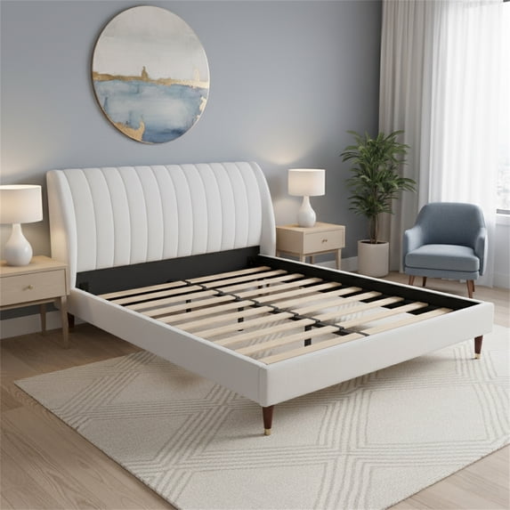 Beige Low Profile Upholstered Platform Bed with Wingback Headboard ...