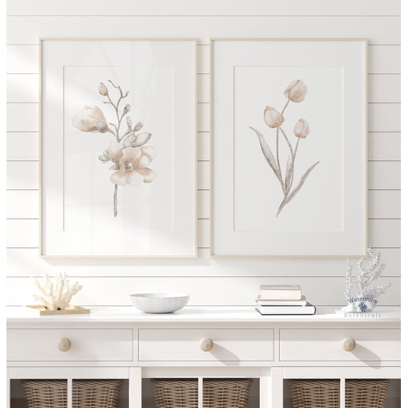 Beige Magnolia Tulip Botanical Wall Art Set 2 Unframed Paper Print ...