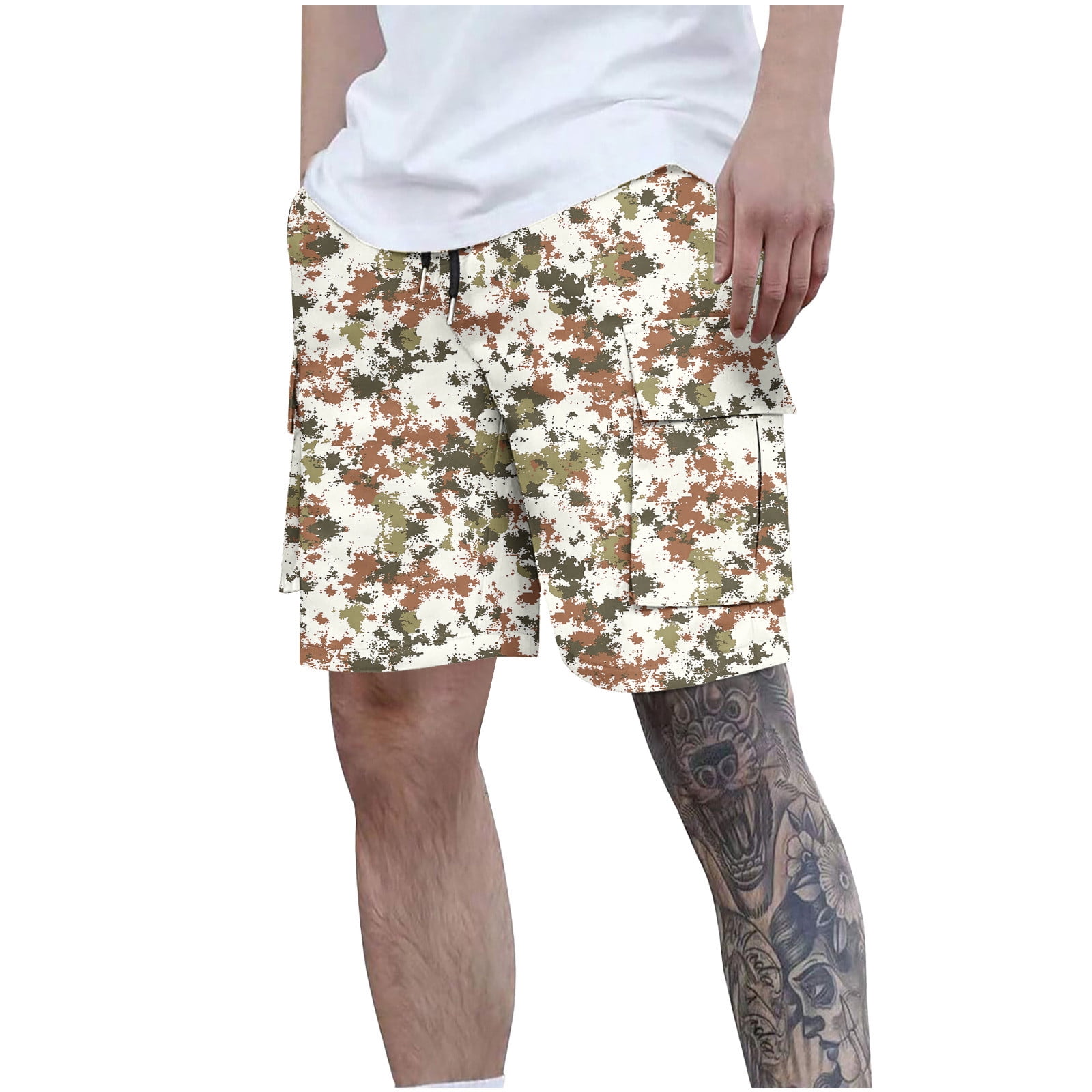 Beige Man Loose Fit Shorts Pants Shorts for Mens Wild Cargo Camo Ruched ...