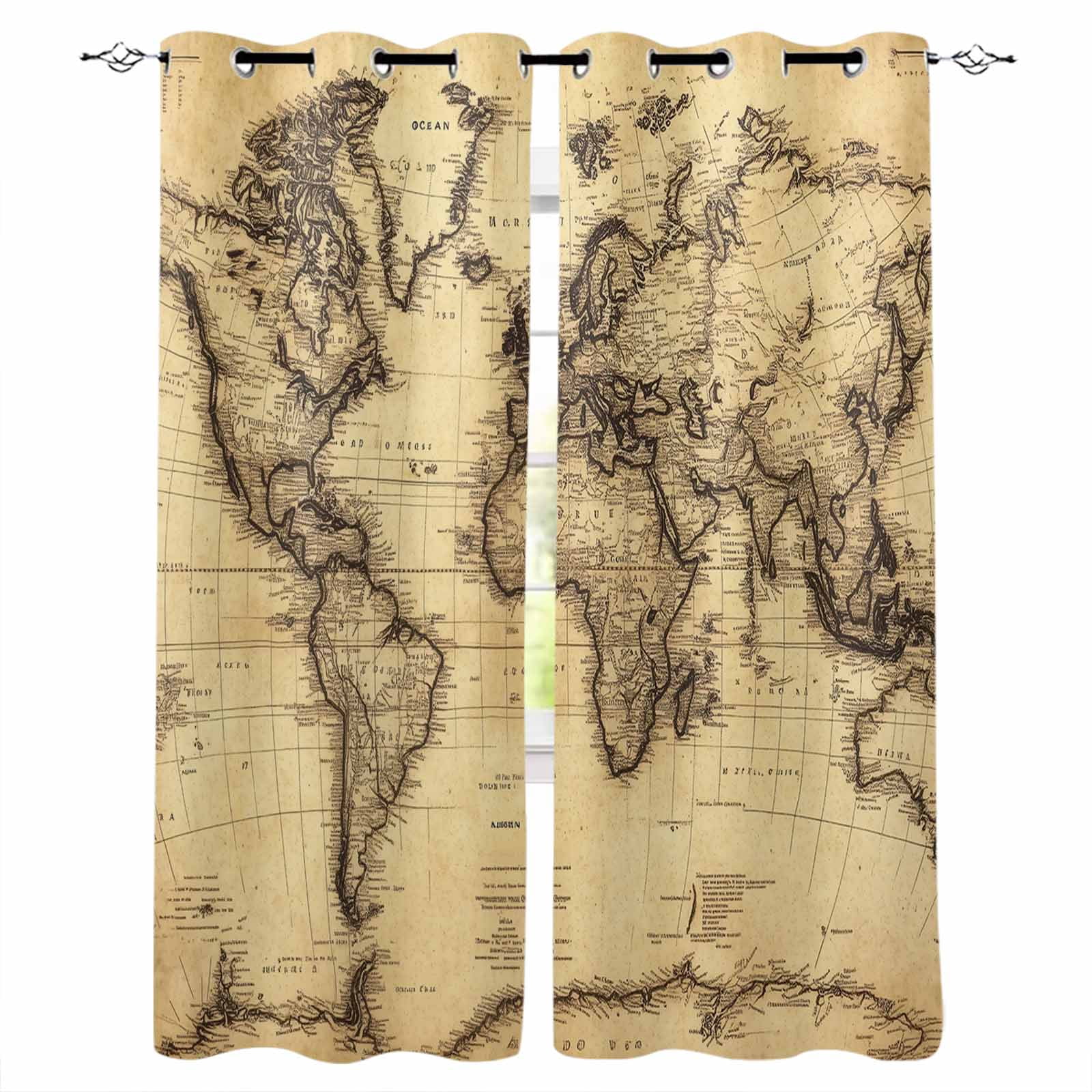 Beige Map Blackout Curtains 54 Inches Long for Bedroom, Retro Farmhouse ...