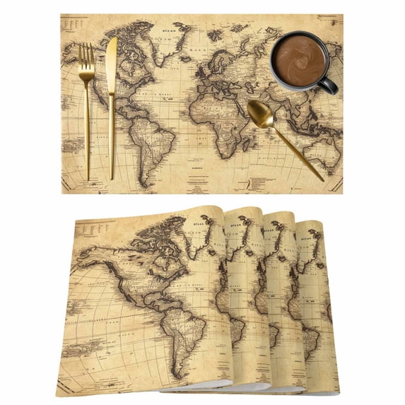 Beige Map Placemats Set of 4, Retro Farmhouse Abstract Illustration Art ...