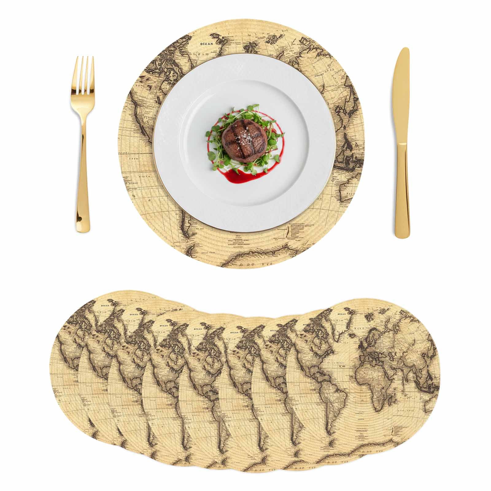 Beige Map Round 13 Inch Placemats Set of 8, Retro Farmhouse Abstract ...