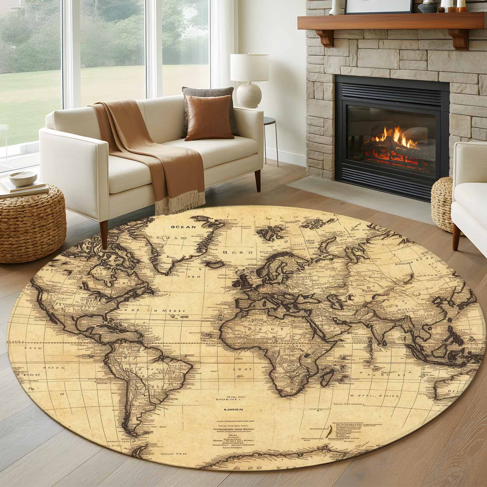 Beige Map Round Area Rug 6 FT, Non Slip Bedroom Rugs, Retro Farmhouse ...