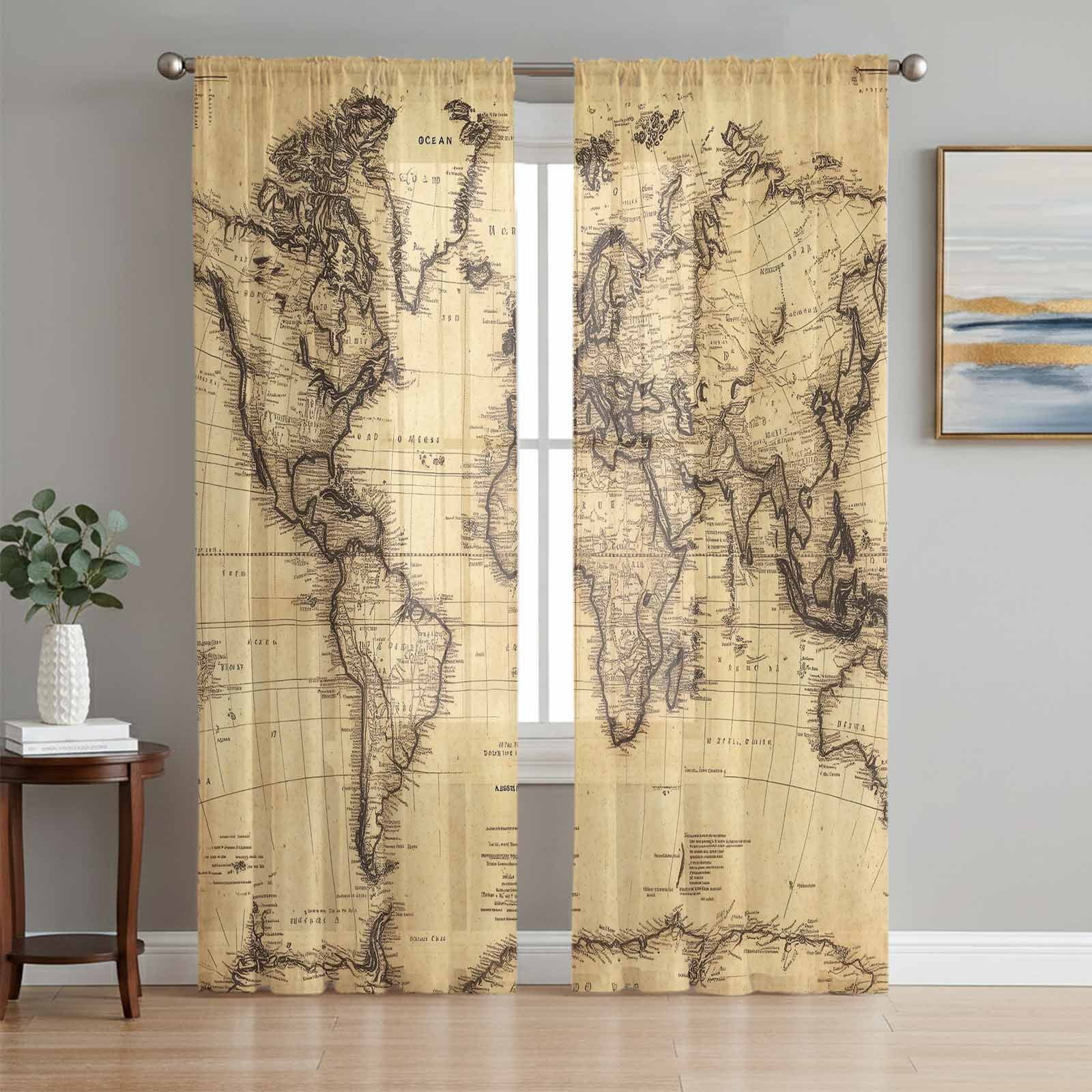Beige Map Semi Sheer Curtains 96 Inch Length 2 Panels Set, Retro ...